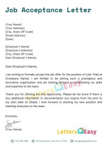 10+ Job Acceptance Letter - Free Template - Letters Easy