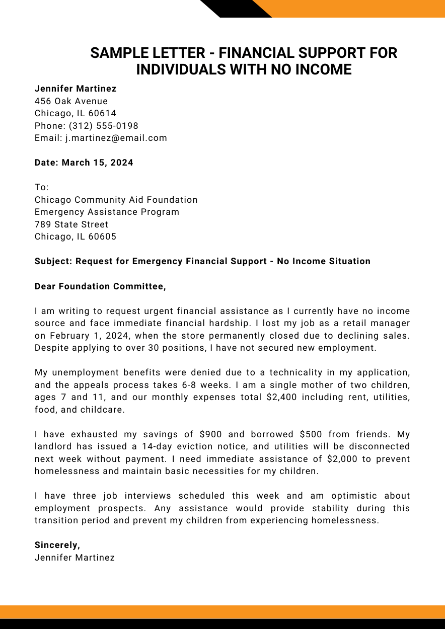 Financial Support For Individuals with No Income - Sample Letter & 15 ...