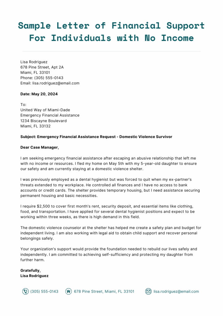 Financial Support For Individuals with No Income - Sample Letter & 15 ...